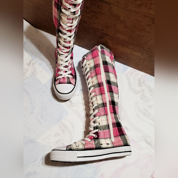 Mengsai | Shoes | Mengsai Pink Checkered Canvas Boots Sneakers Converse ...